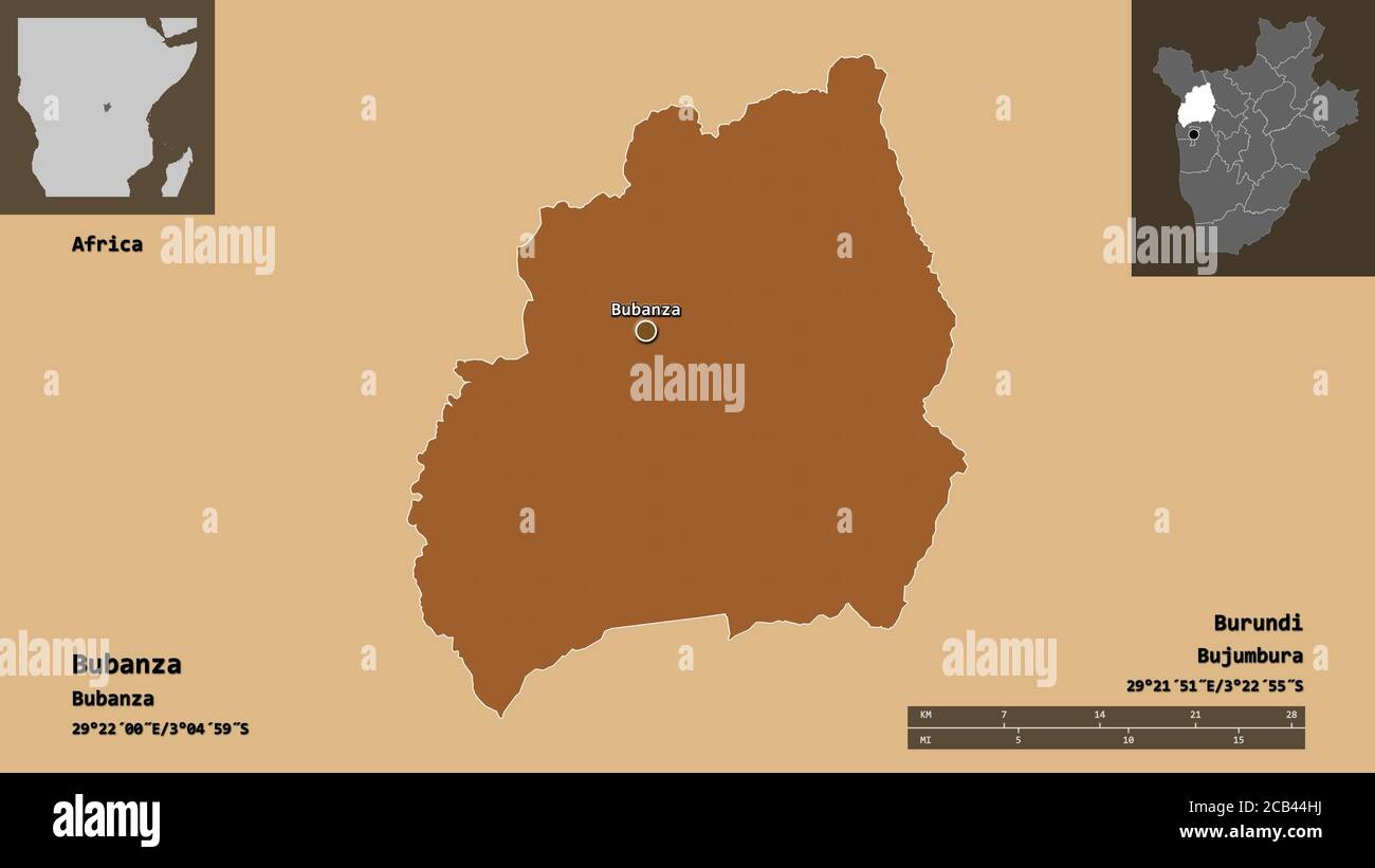 Shape of Bubanza, province of Burundi, and its capital. Distance scale ...