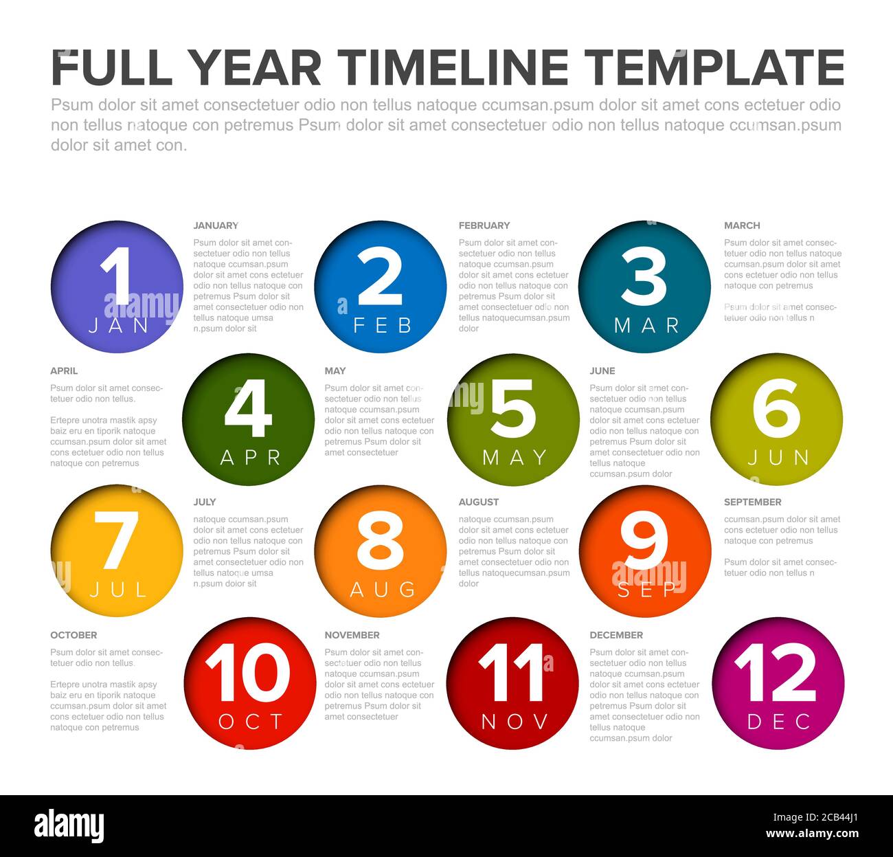 Full year timeline template with all months in circle mosaic Stock ...