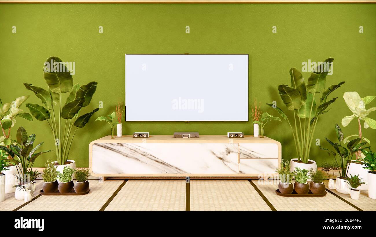 Tv cabinet in japanese living room on old green wall background,3d ...