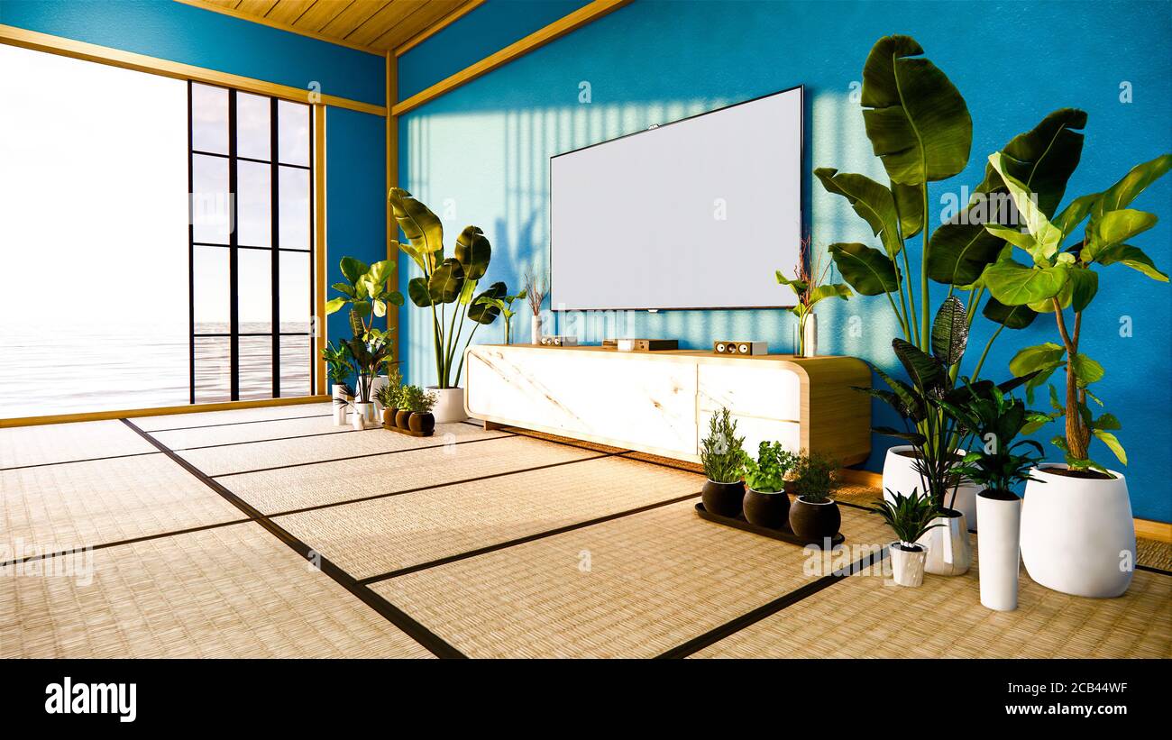 Tv cabinet in japanese living room on blue sky wall background,3d ...