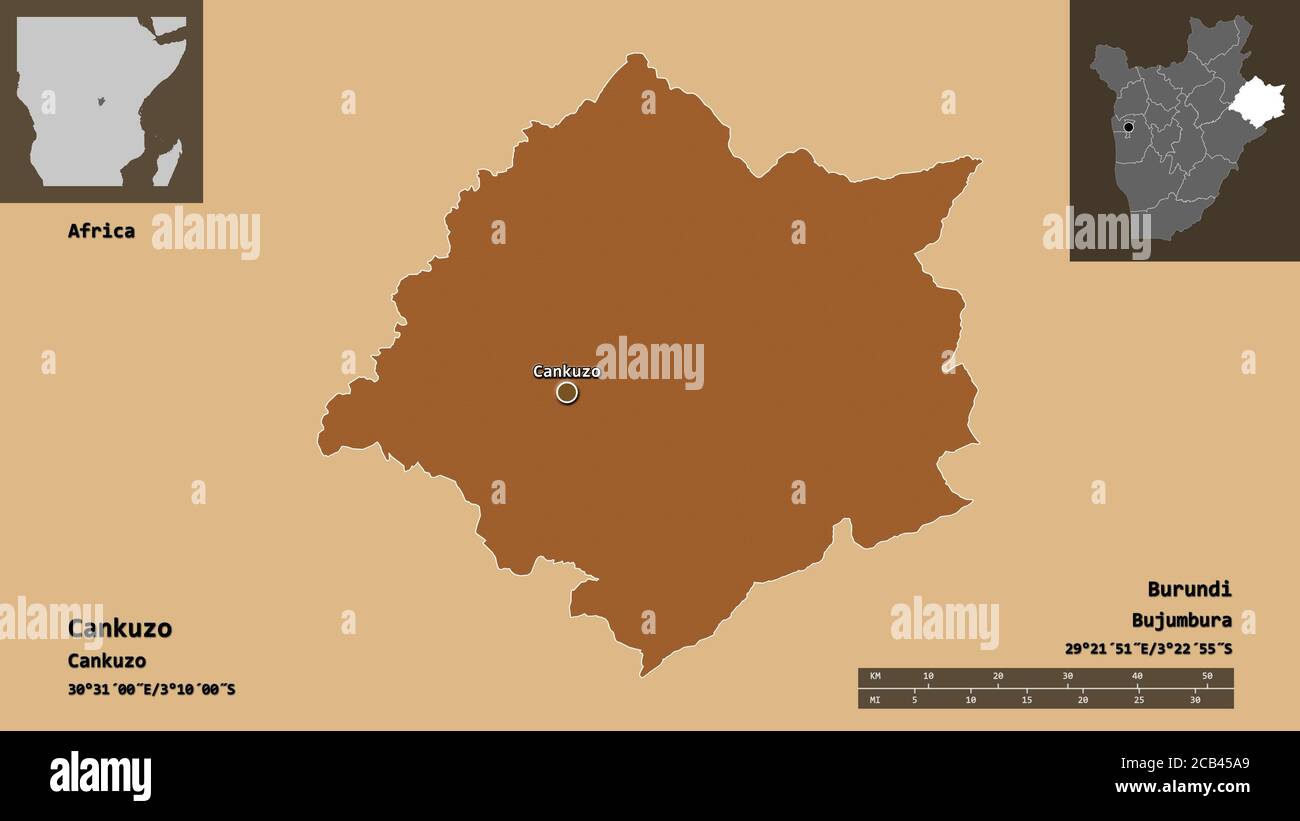 Shape of Cankuzo, province of Burundi, and its capital. Distance scale ...