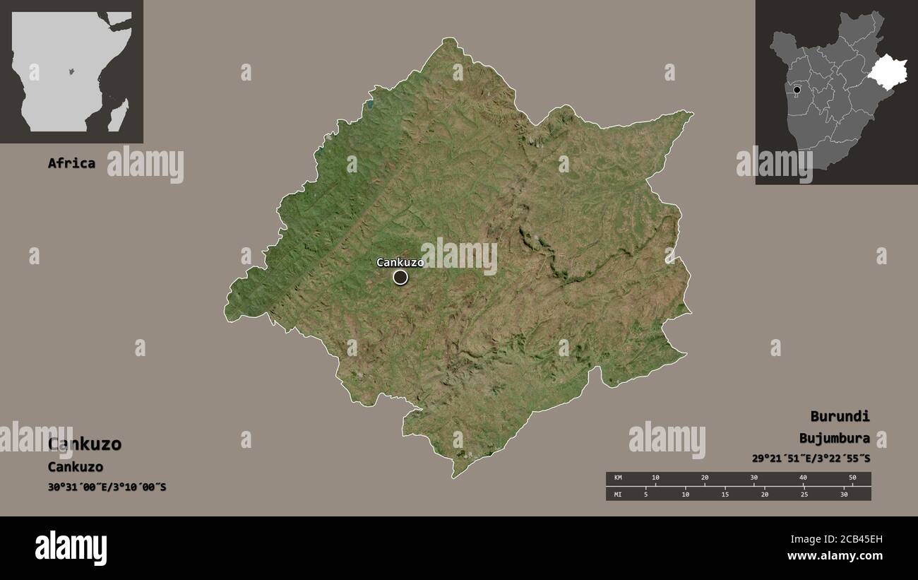 Shape of Cankuzo, province of Burundi, and its capital. Distance scale ...