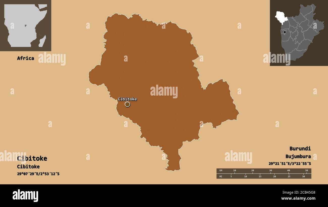 Shape of Cibitoke, province of Burundi, and its capital. Distance scale ...
