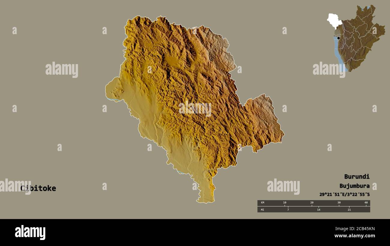 Shape of Cibitoke, province of Burundi, with its capital isolated on ...