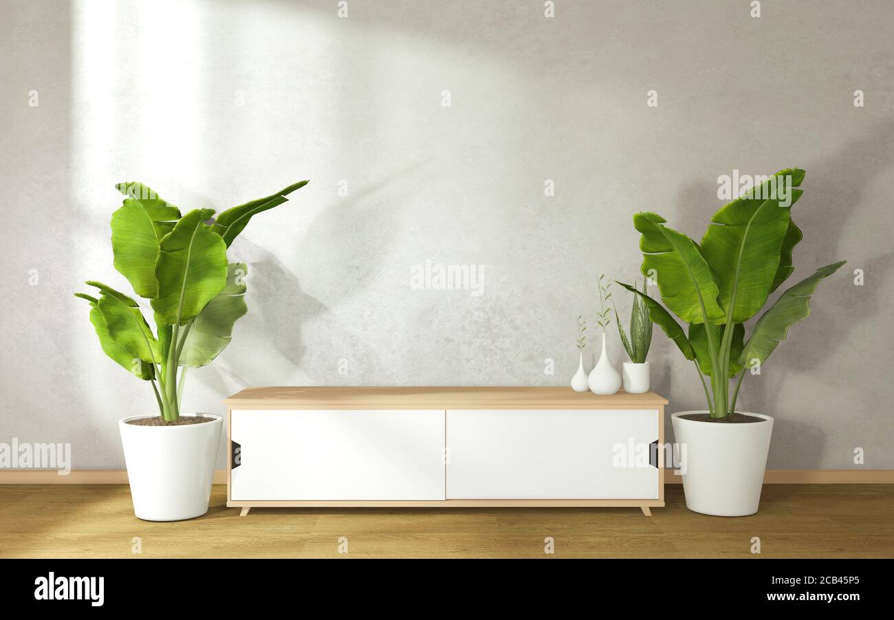 Tv cabinet in modern zen living room on white wall background,3d ...