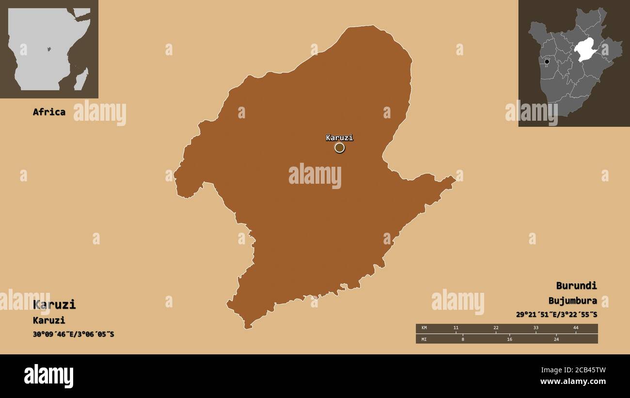 Shape of Karuzi, province of Burundi, and its capital. Distance scale ...