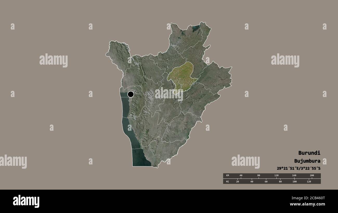 Desaturated shape of Burundi with its capital, main regional division ...