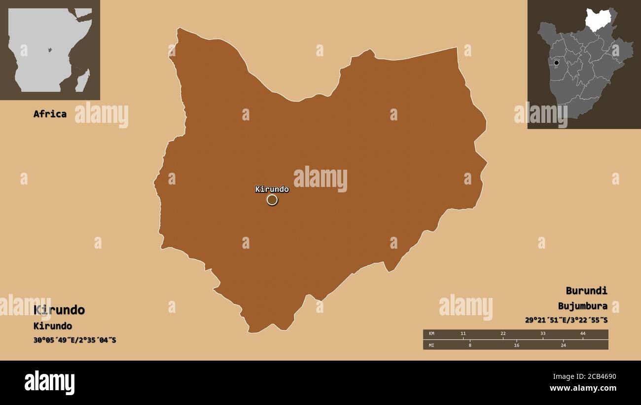 Shape of Kirundo, province of Burundi, and its capital. Distance scale ...