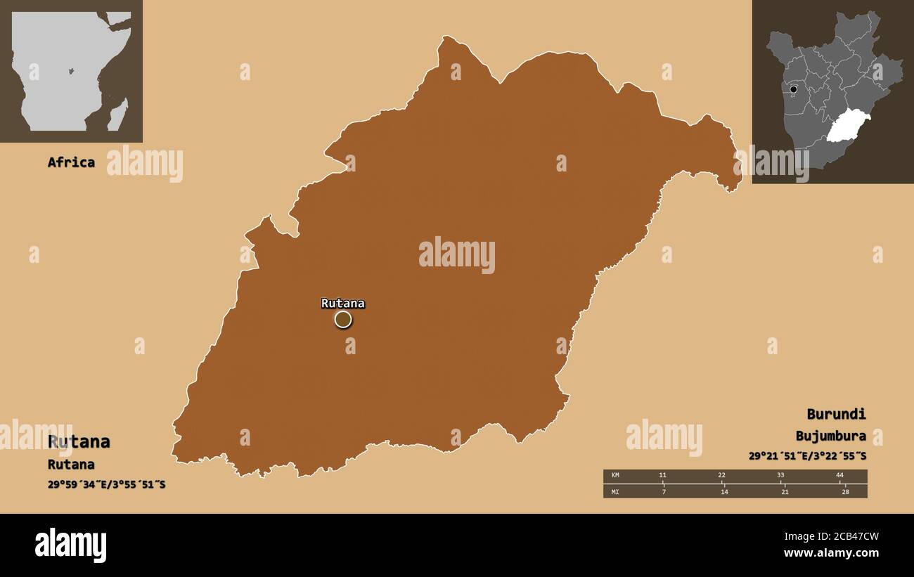 Shape of Rutana, province of Burundi, and its capital. Distance scale ...
