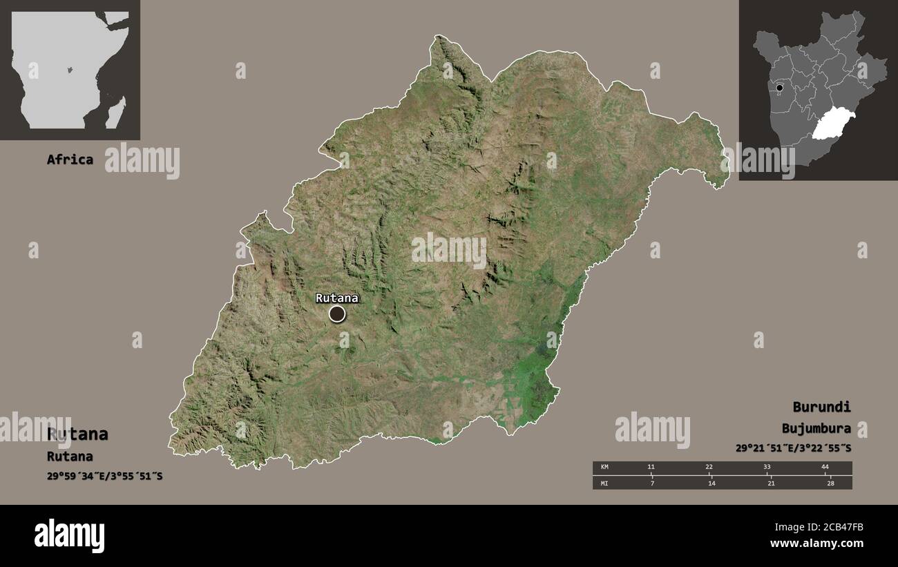 Shape of Rutana, province of Burundi, and its capital. Distance scale ...
