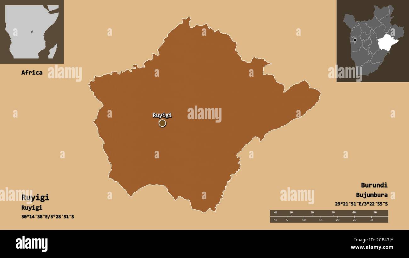 Shape of Ruyigi, province of Burundi, and its capital. Distance scale ...