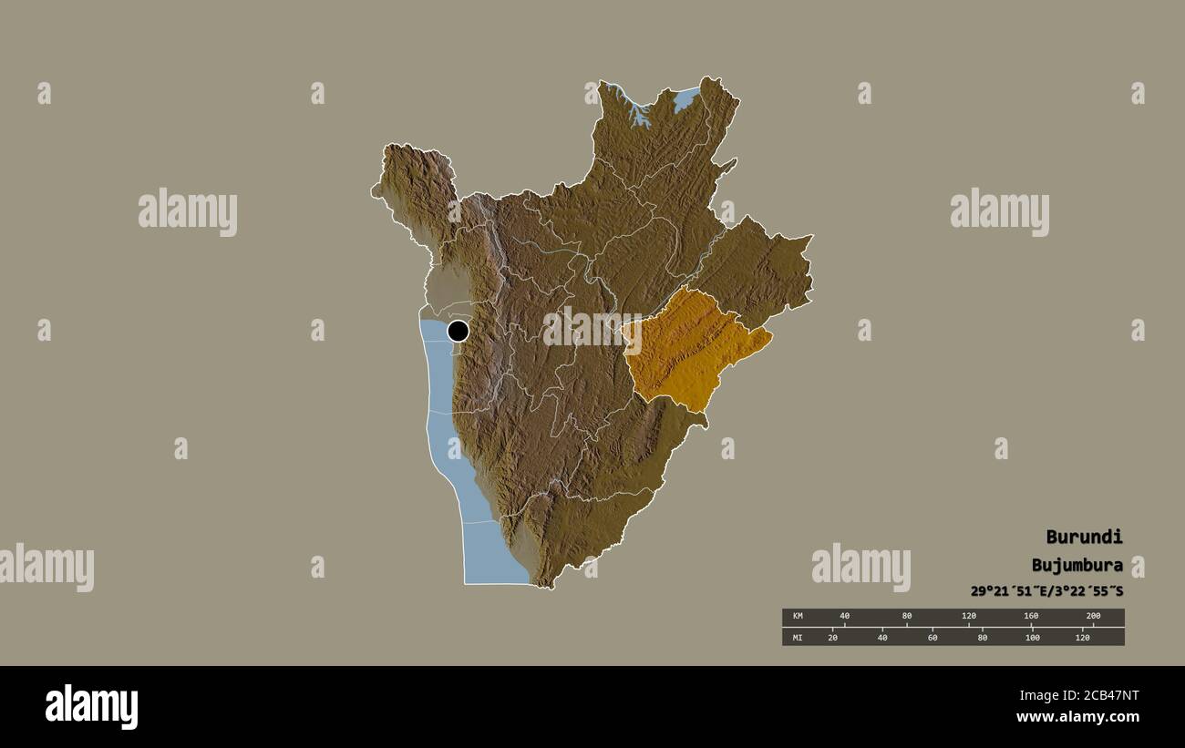 Desaturated shape of Burundi with its capital, main regional division ...