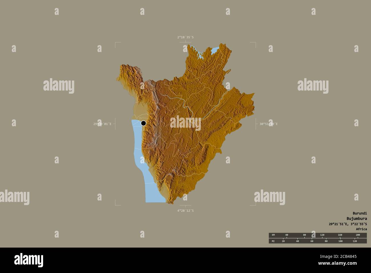 Area of Burundi isolated on a solid background in a georeferenced ...