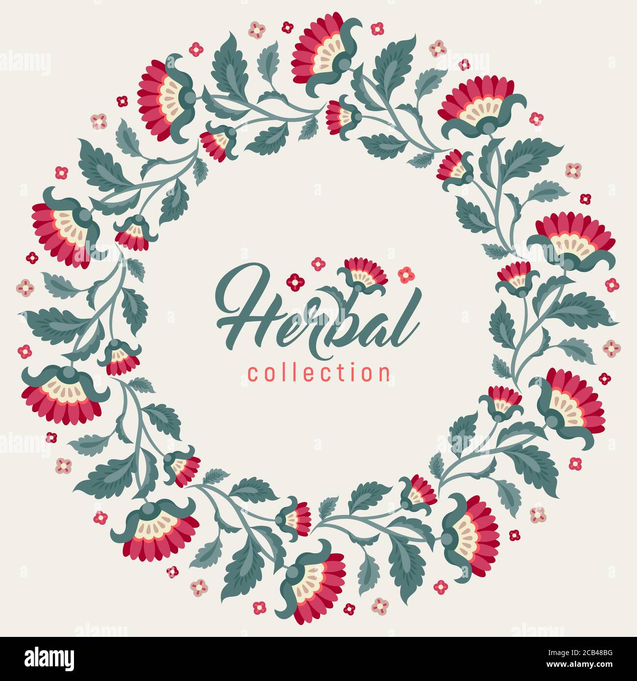 Floral round frame, Jacobean style flowers. Colorful herbal wreath ...