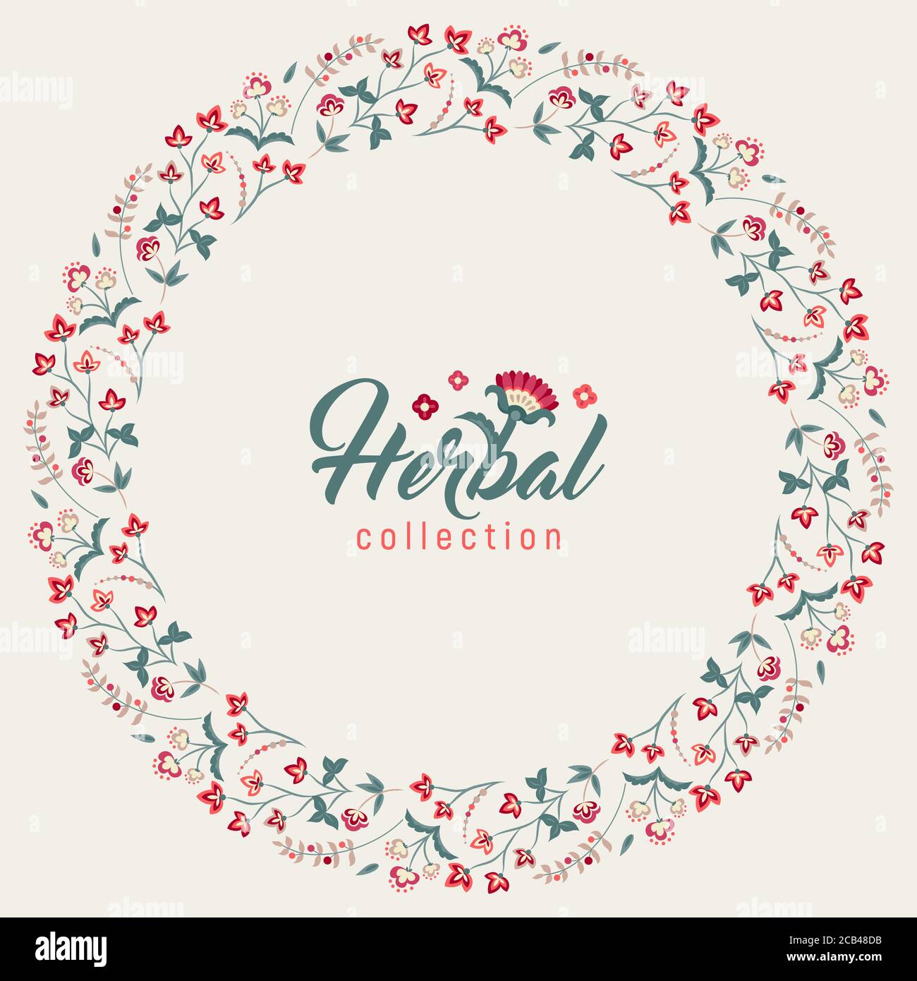 Floral round frame, Jacobean style flowers. Colorful herbal wreath ...