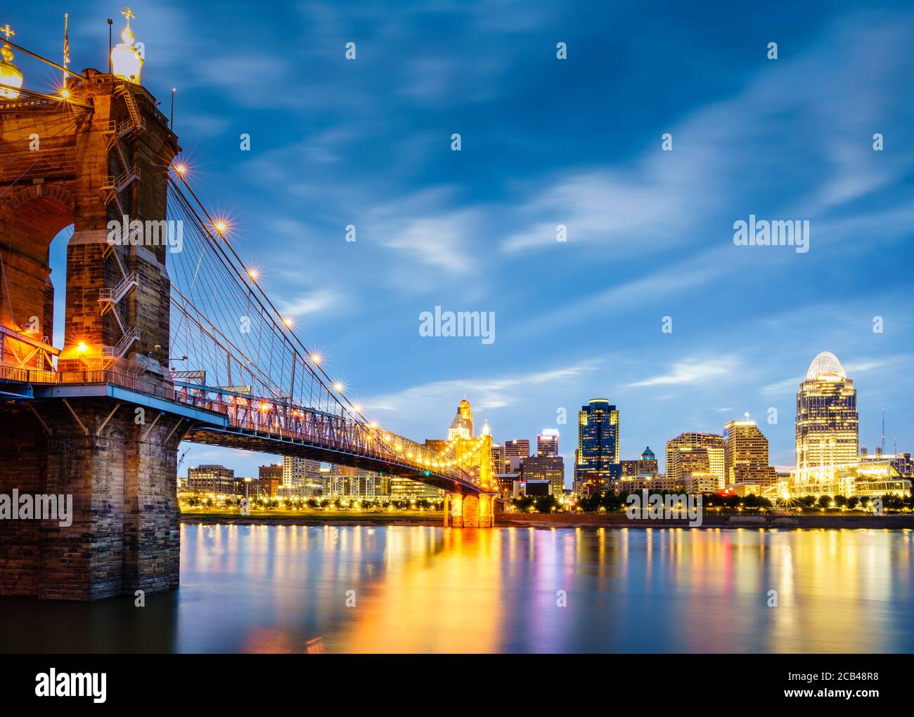 Nighttime view of John A. Roebling Suspension Bridge over the Ohio ...