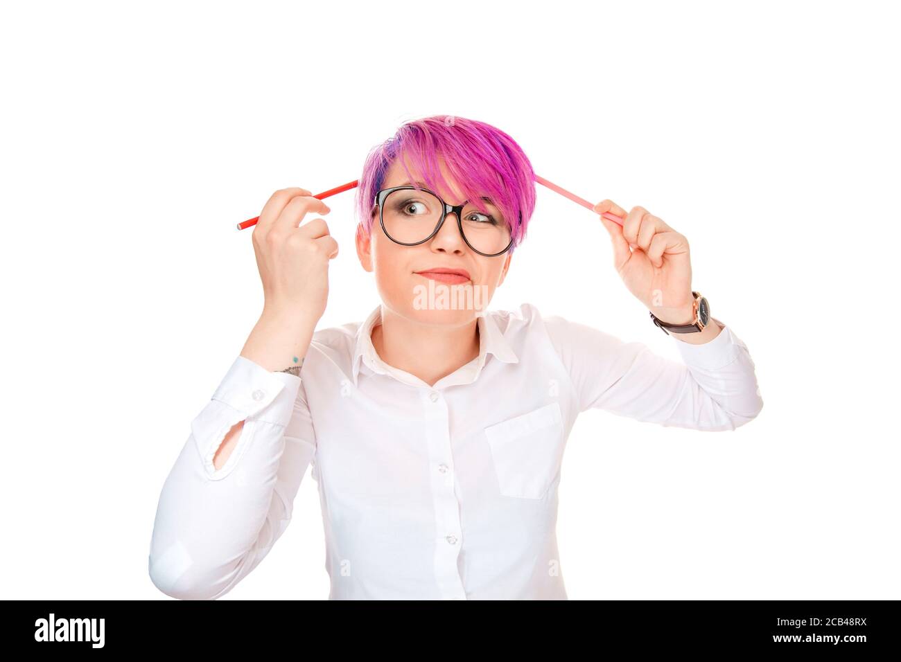 Crazy painter designer. Beautiful funny looking woman holding two ...