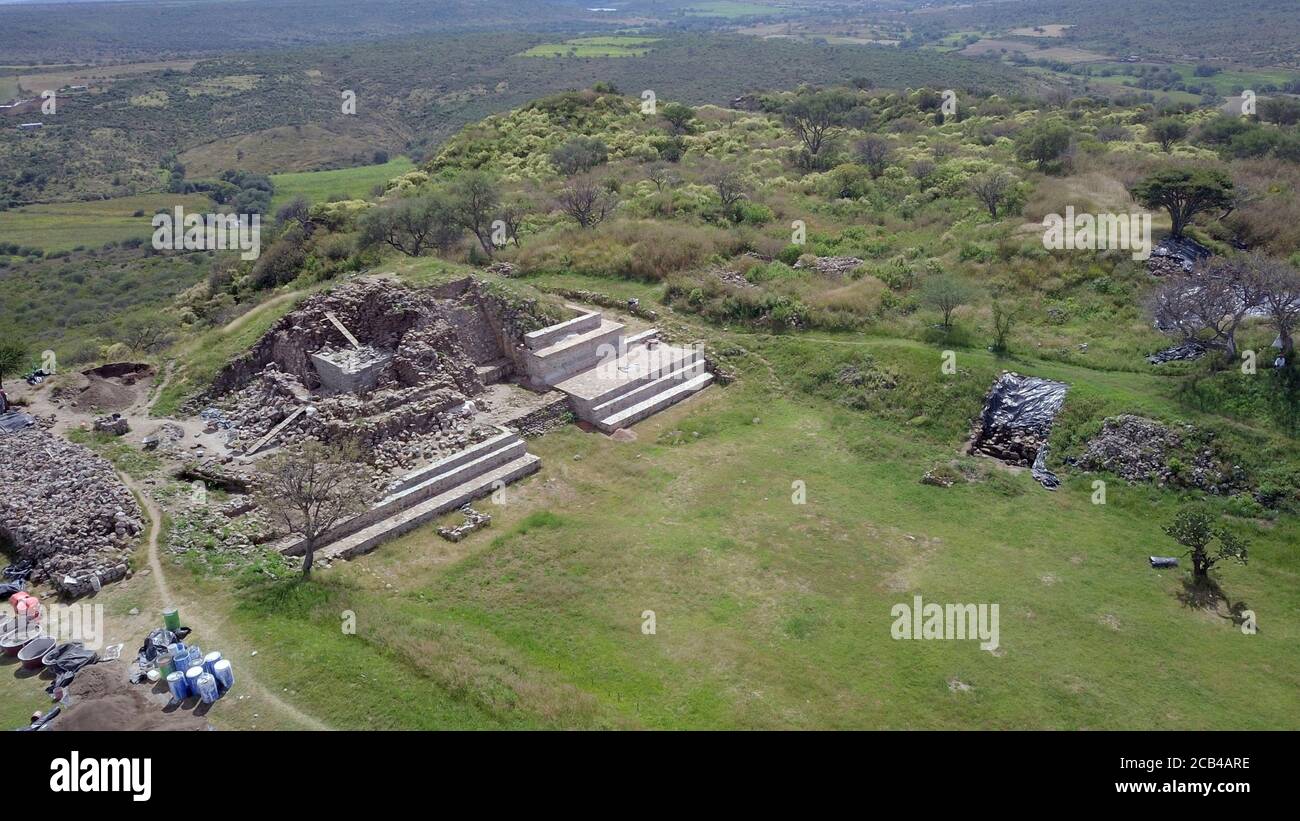 Aerial view of a pyramid ruins in the Teocaltitan excavation site, a ...