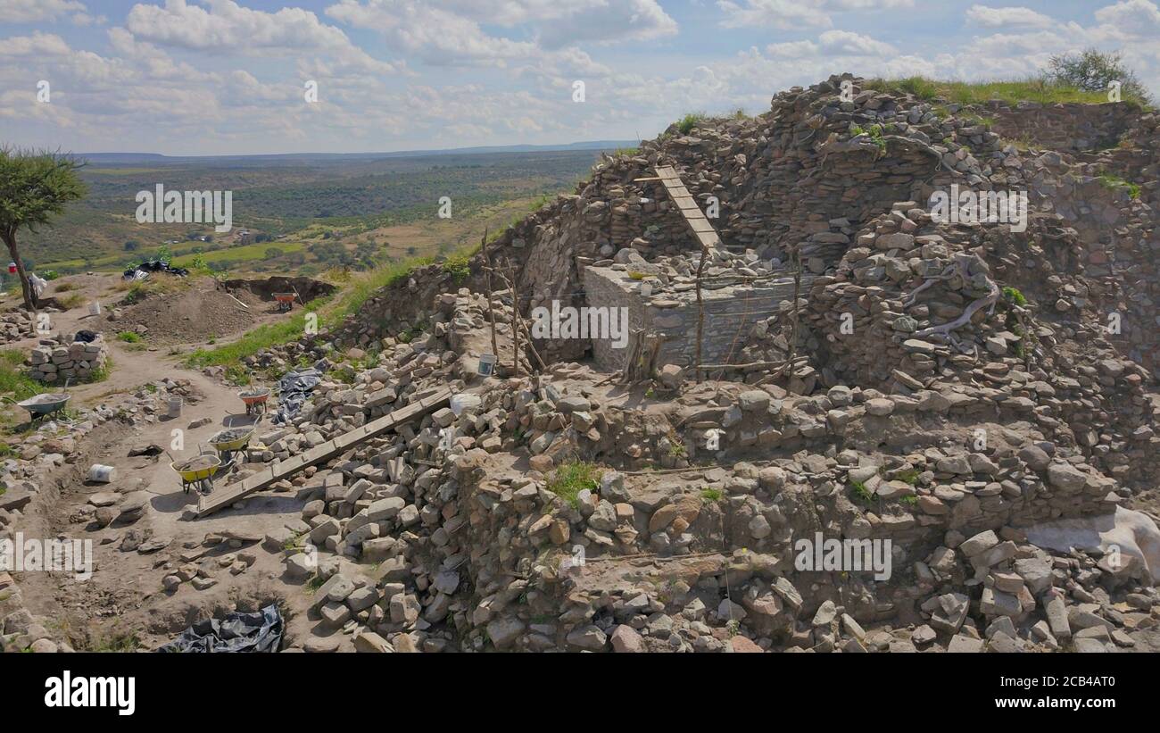 Aerial view of a pyramid ruins in the Teocaltitan excavation site, a ...