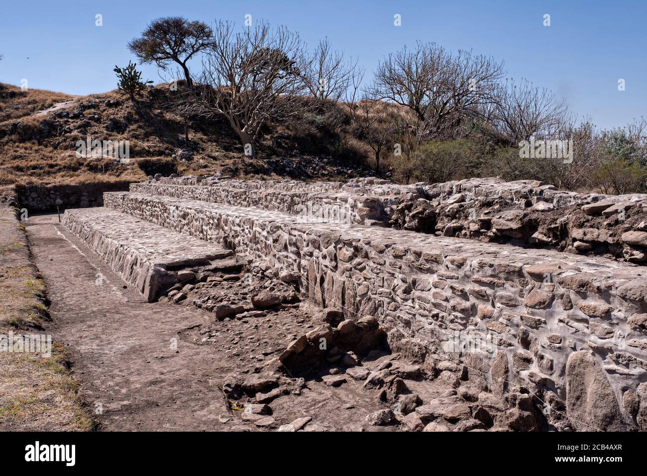 Ruins of an ancient ball court in the Teocaltitan excavation site, a ...