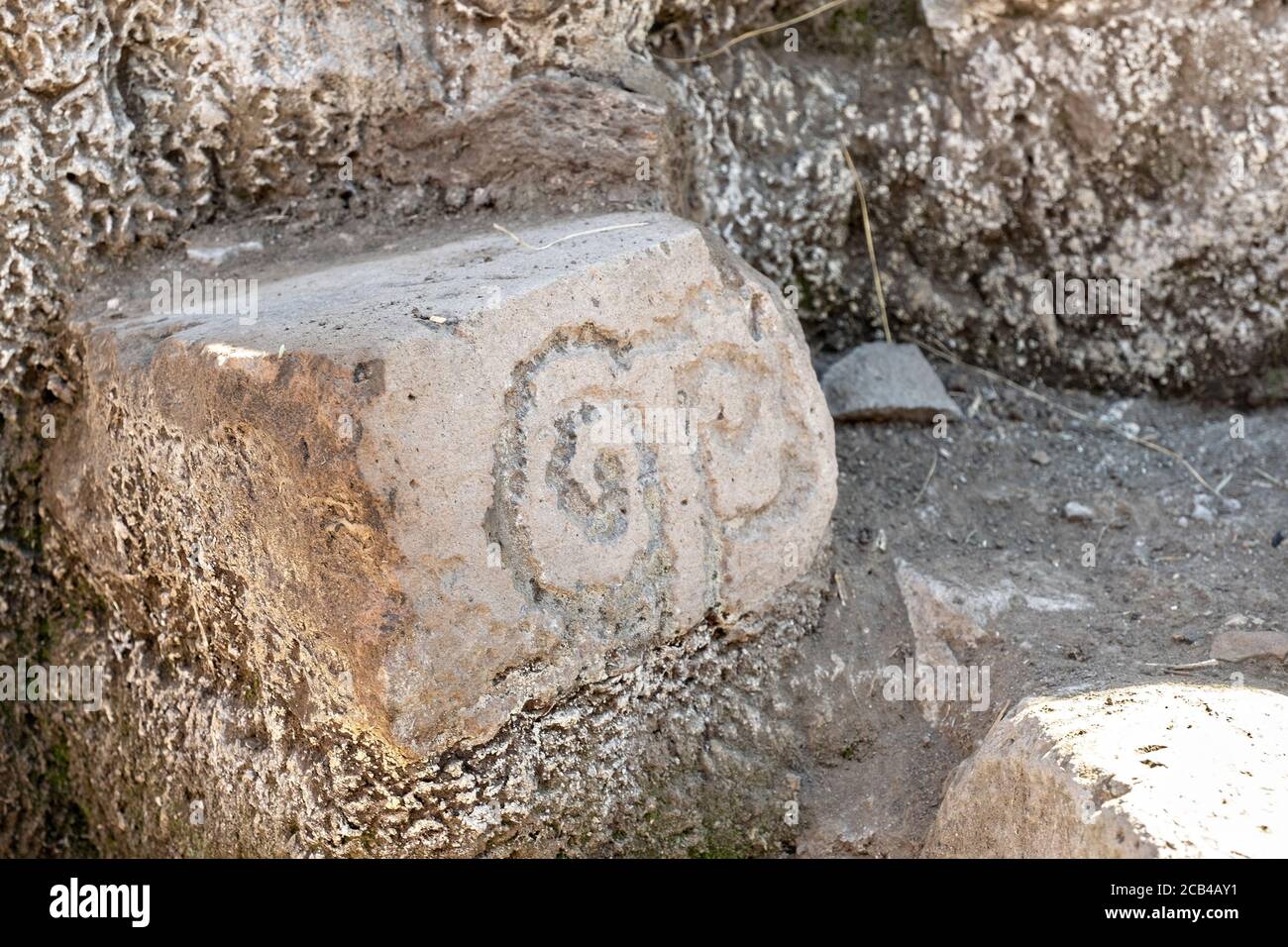 A petroglyph carved on a stone step at the Teocaltitan excavation site ...