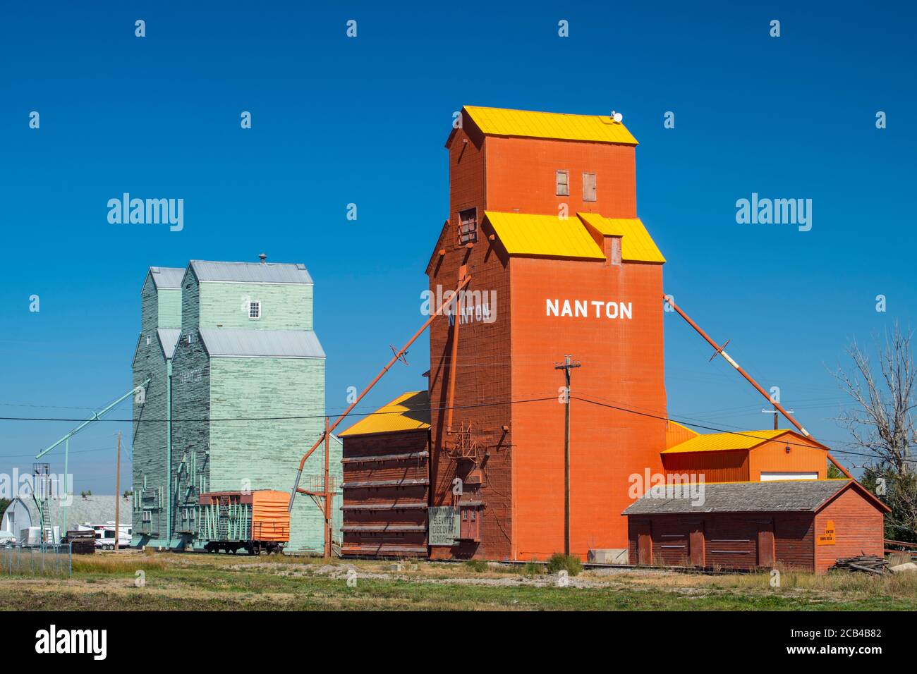 Old style grain elevators preserved as museums, Nanton, Alberta, Canada ...