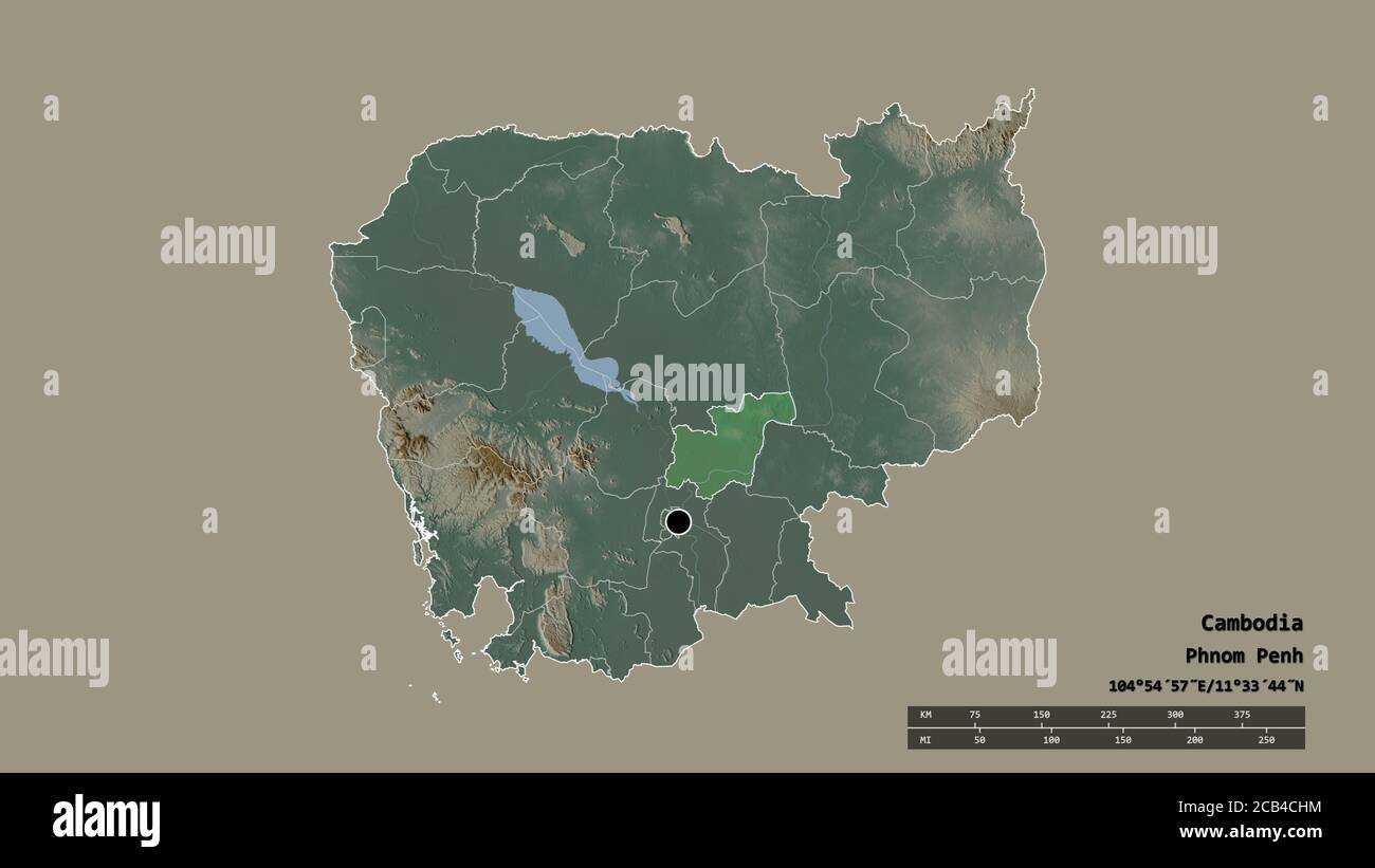 Desaturated shape of Cambodia with its capital, main regional division ...