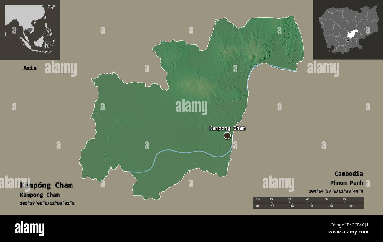 Shape of Kâmpóng Cham, province of Cambodia, and its capital. Distance ...