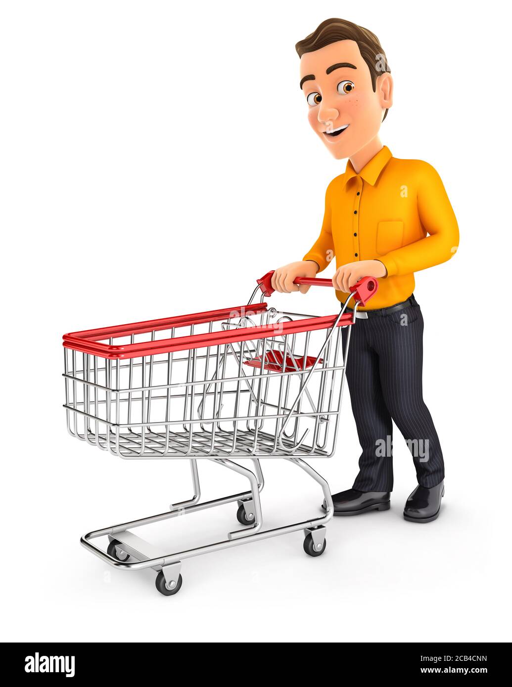3d man pushing supermarket trolley, illustration with isolated white ...