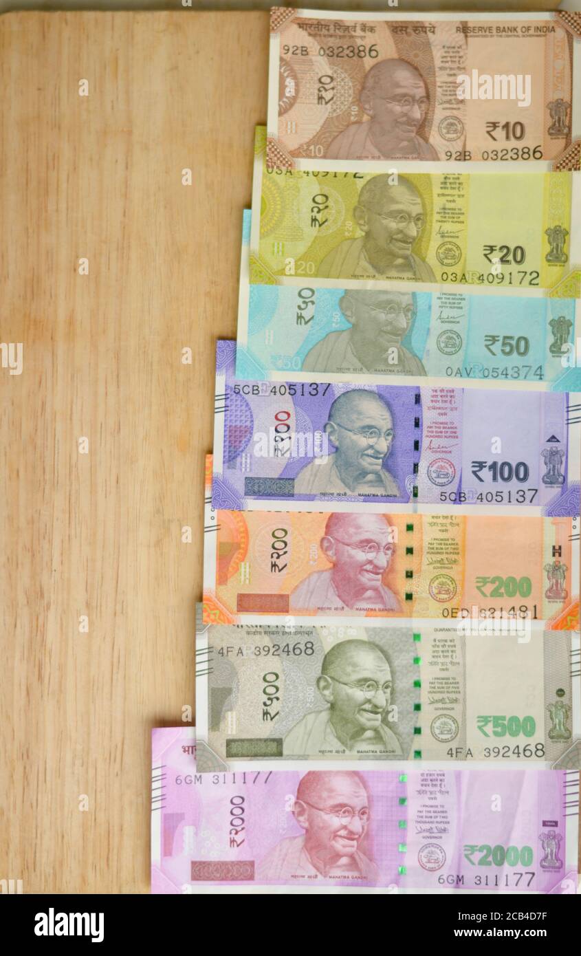 Closeup of brand new colorful Indian currency bank notes of 10, 20 ...