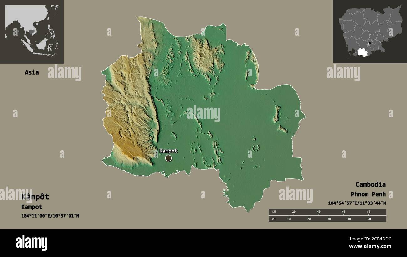 Shape of Kâmpôt, province of Cambodia, and its capital. Distance scale ...