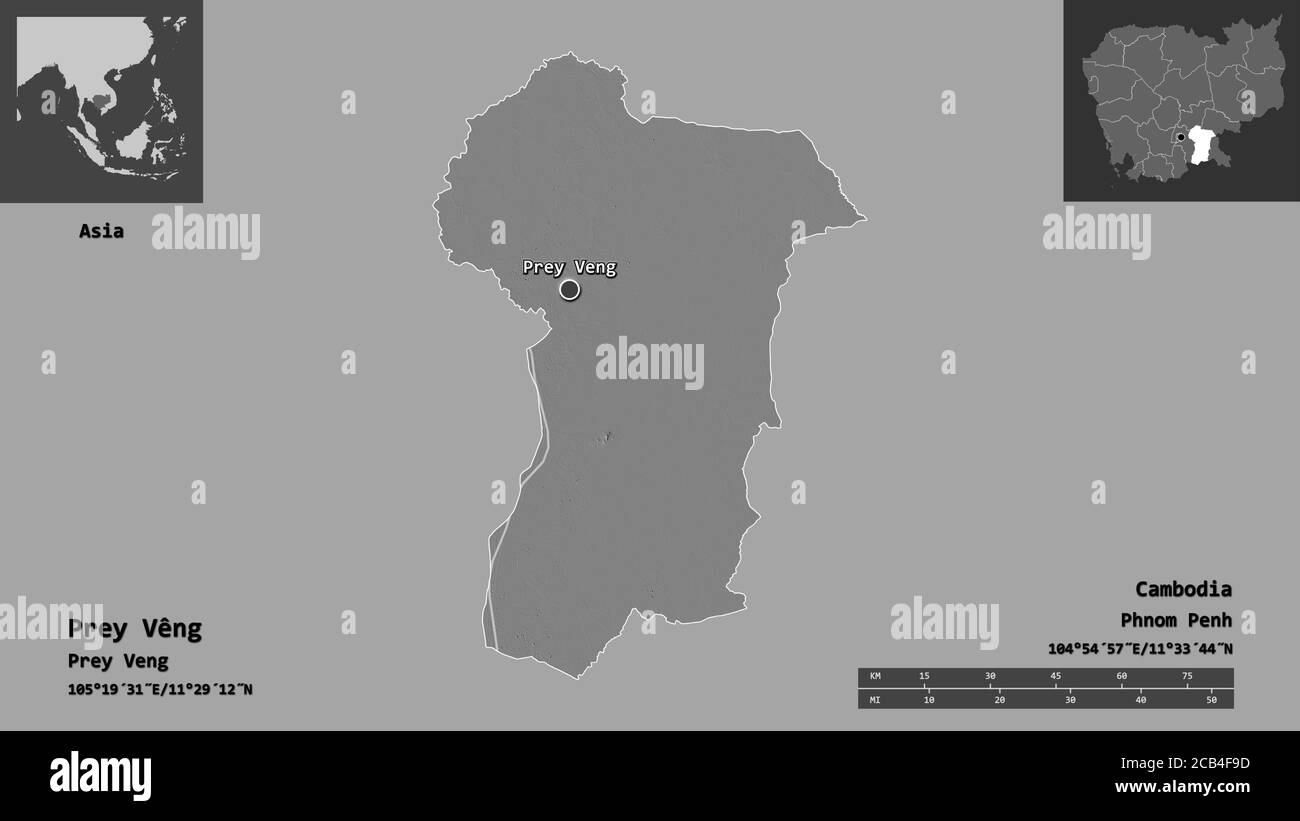 Shape of Prey Vêng, province of Cambodia, and its capital. Distance ...