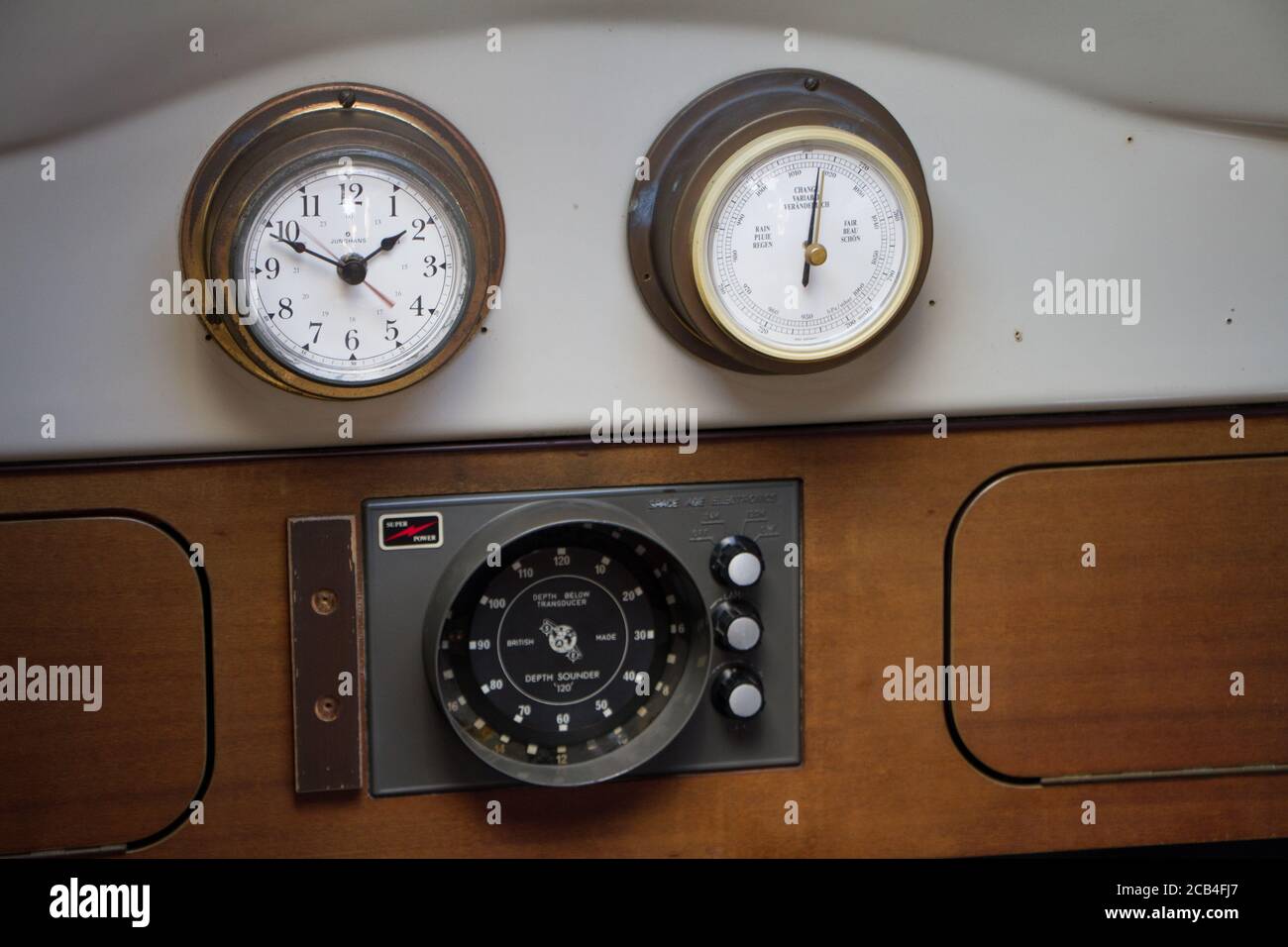 Nautical yacht cockpit. Close-up of a motorboat control panel with ...