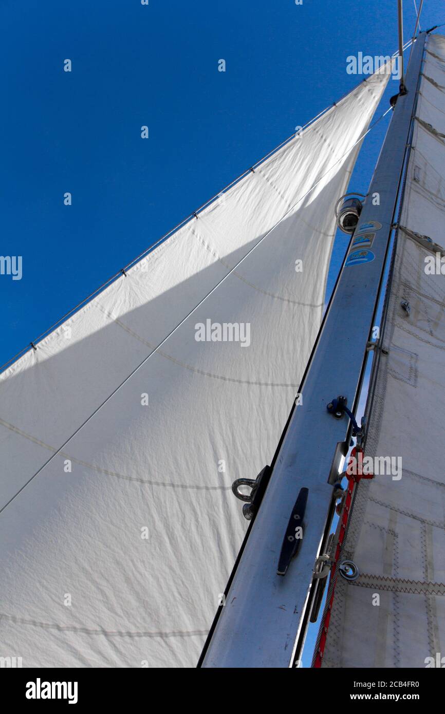 Bottom view of mast and sail of yacht on blue sky background, selective ...