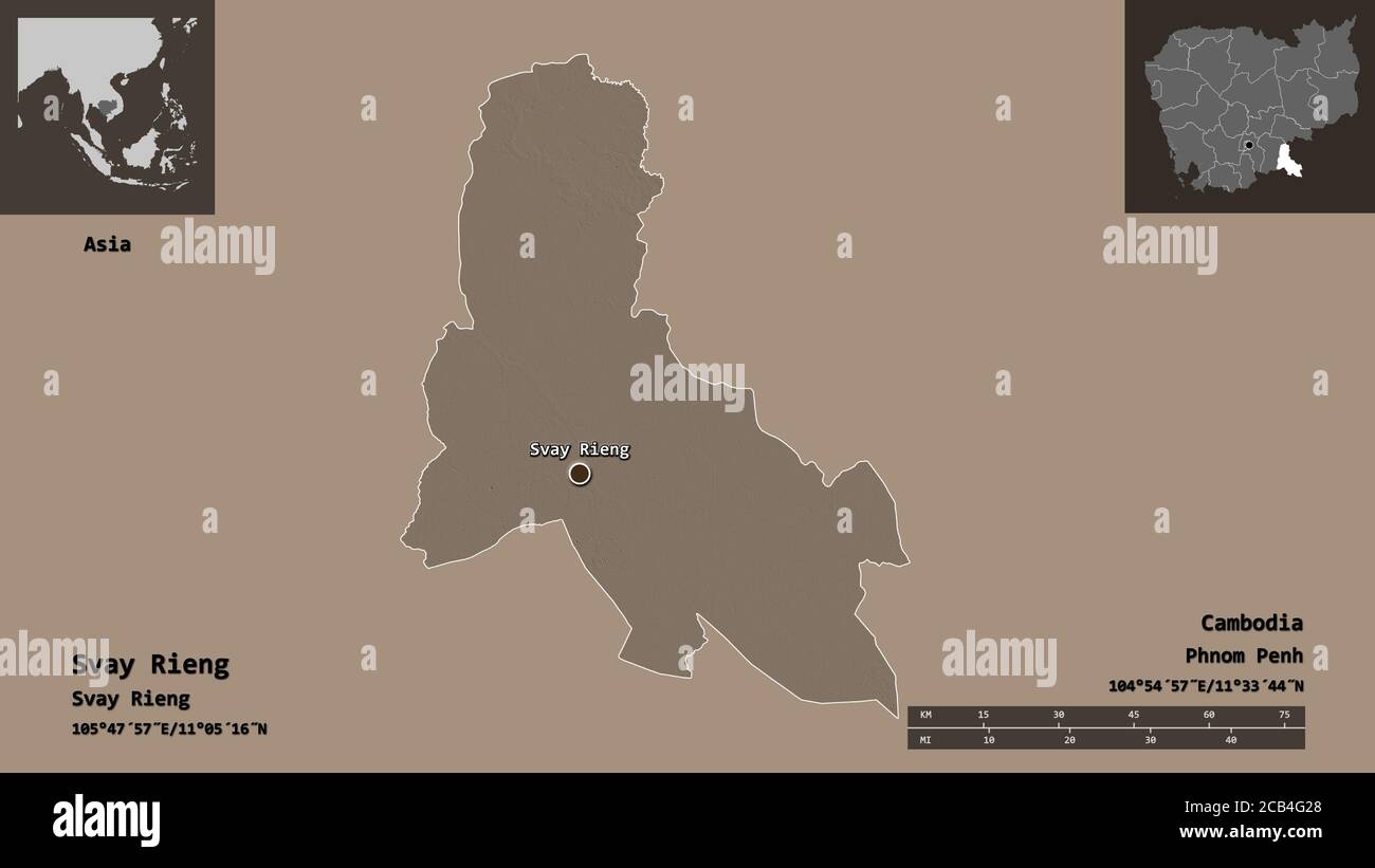 Shape of Svay Rieng, province of Cambodia, and its capital. Distance ...