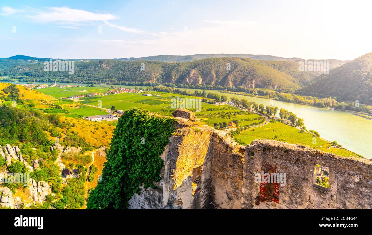 Scenic aerial view of Wachau Valley and Danube River from Durnstein ... Scenic aerial view of Wachau Valley and Danube River from Durnstein ...