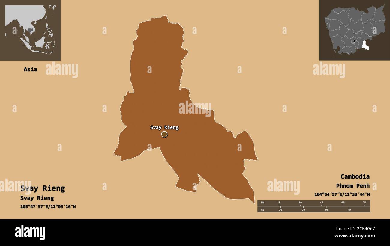 Shape of Svay Rieng, province of Cambodia, and its capital. Distance ...