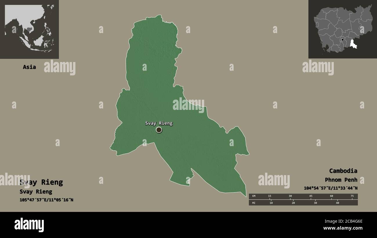 Shape of Svay Rieng, province of Cambodia, and its capital. Distance ...