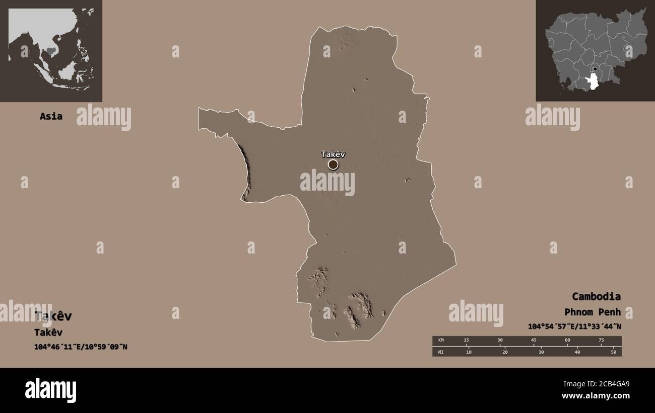 Shape of Takêv, province of Cambodia, and its capital. Distance scale ...