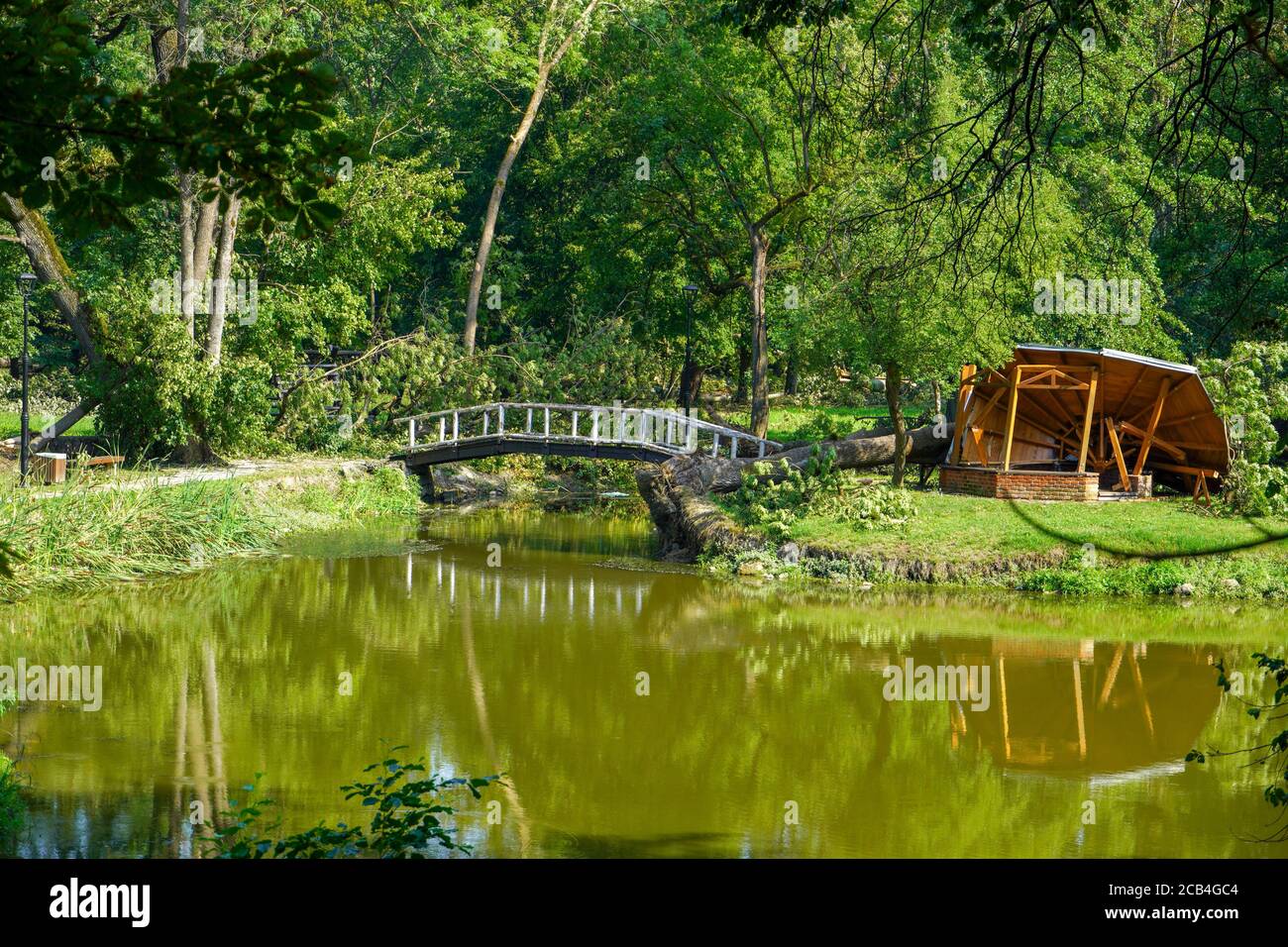The effects of the storm over the city. Destroyed city park. Broken ...
