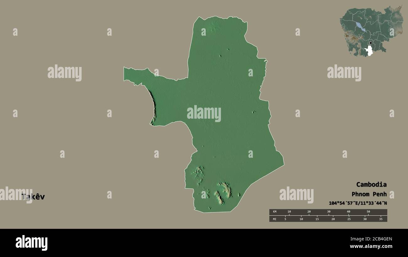 Shape of Takêv, province of Cambodia, with its capital isolated on ...