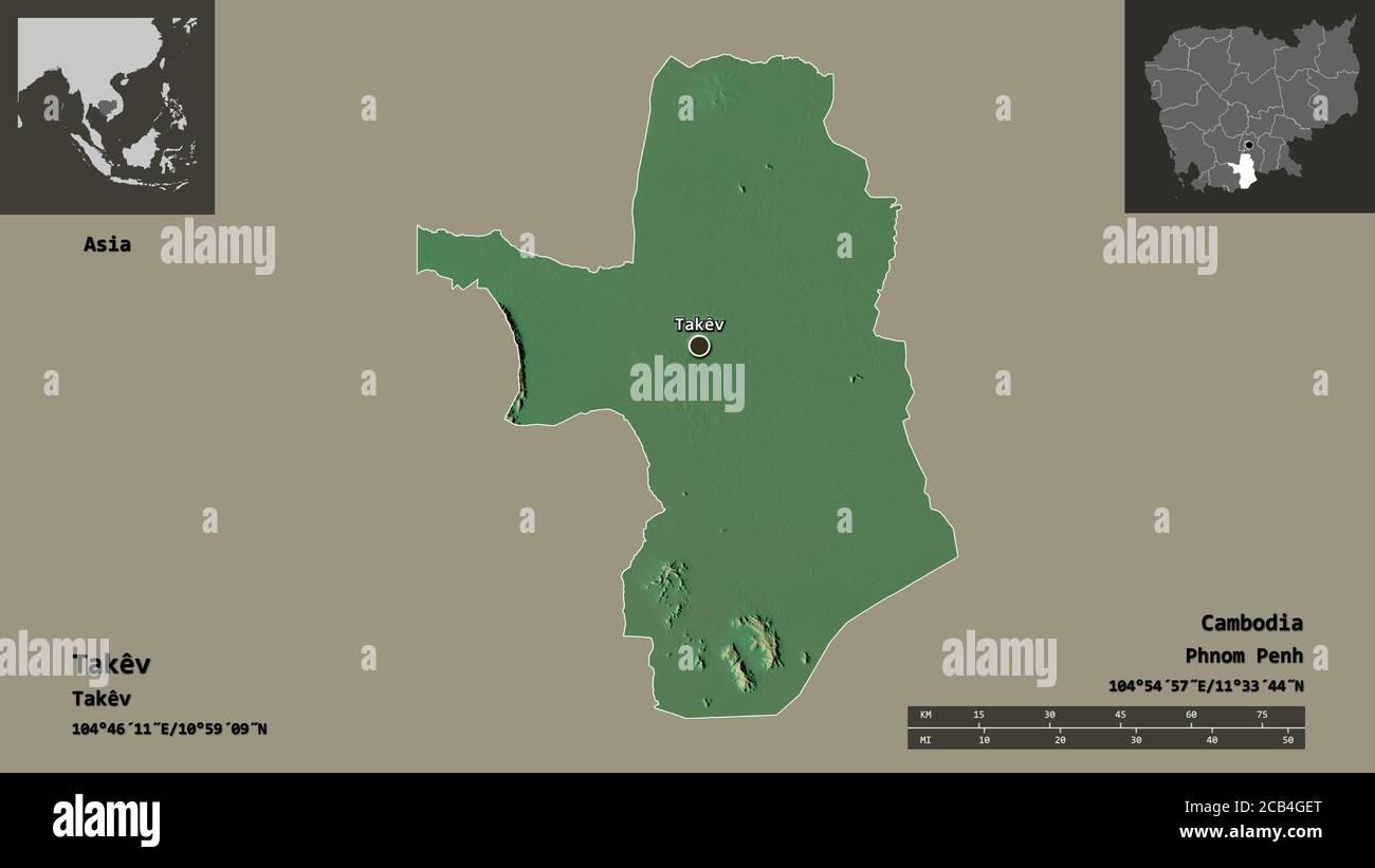 Shape of Takêv, province of Cambodia, and its capital. Distance scale ...