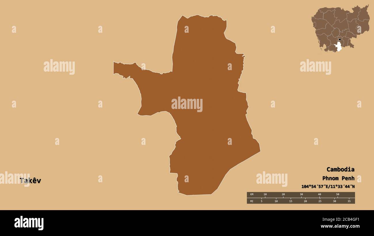Shape of Takêv, province of Cambodia, with its capital isolated on ...