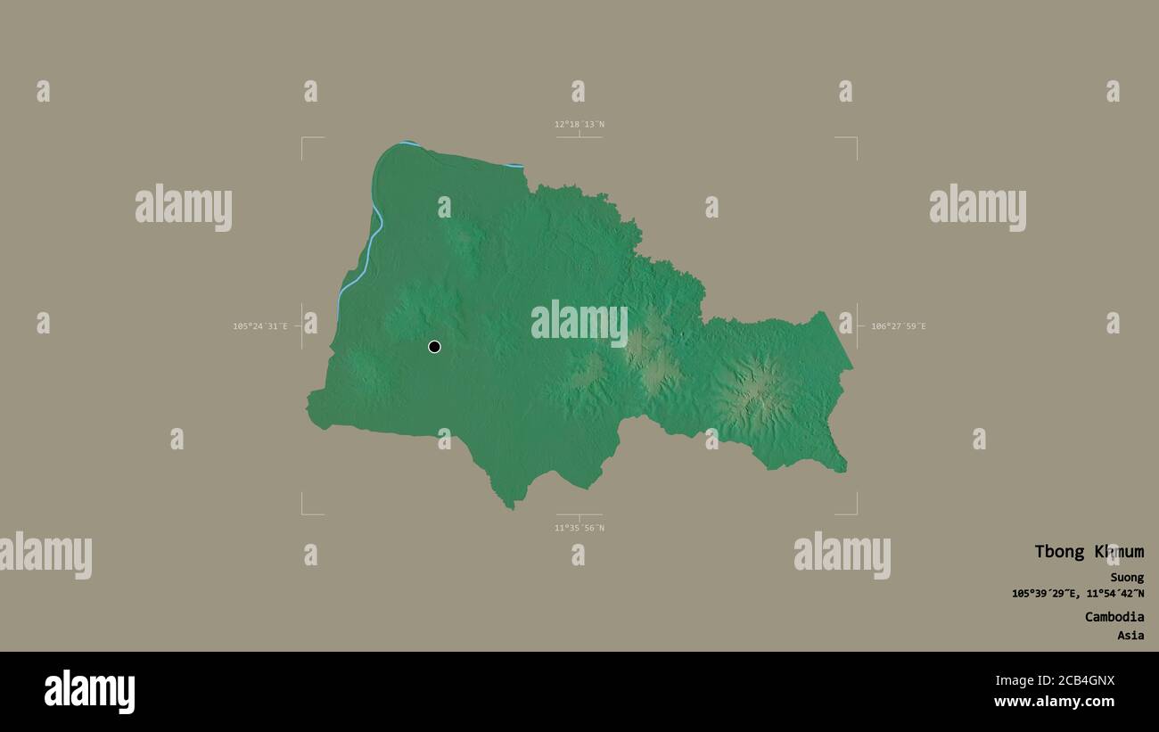 Area of Tbong Khmum, province of Cambodia, isolated on a solid ...