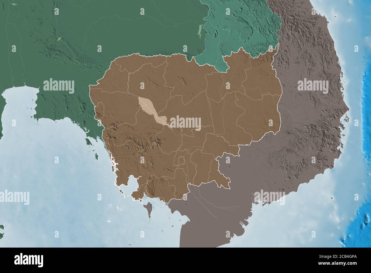 Extended area of Cambodia with country outline, international and ...