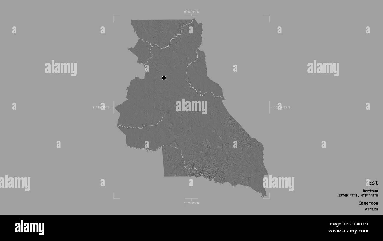Area of Est, region of Cameroon, isolated on a solid background in a ...