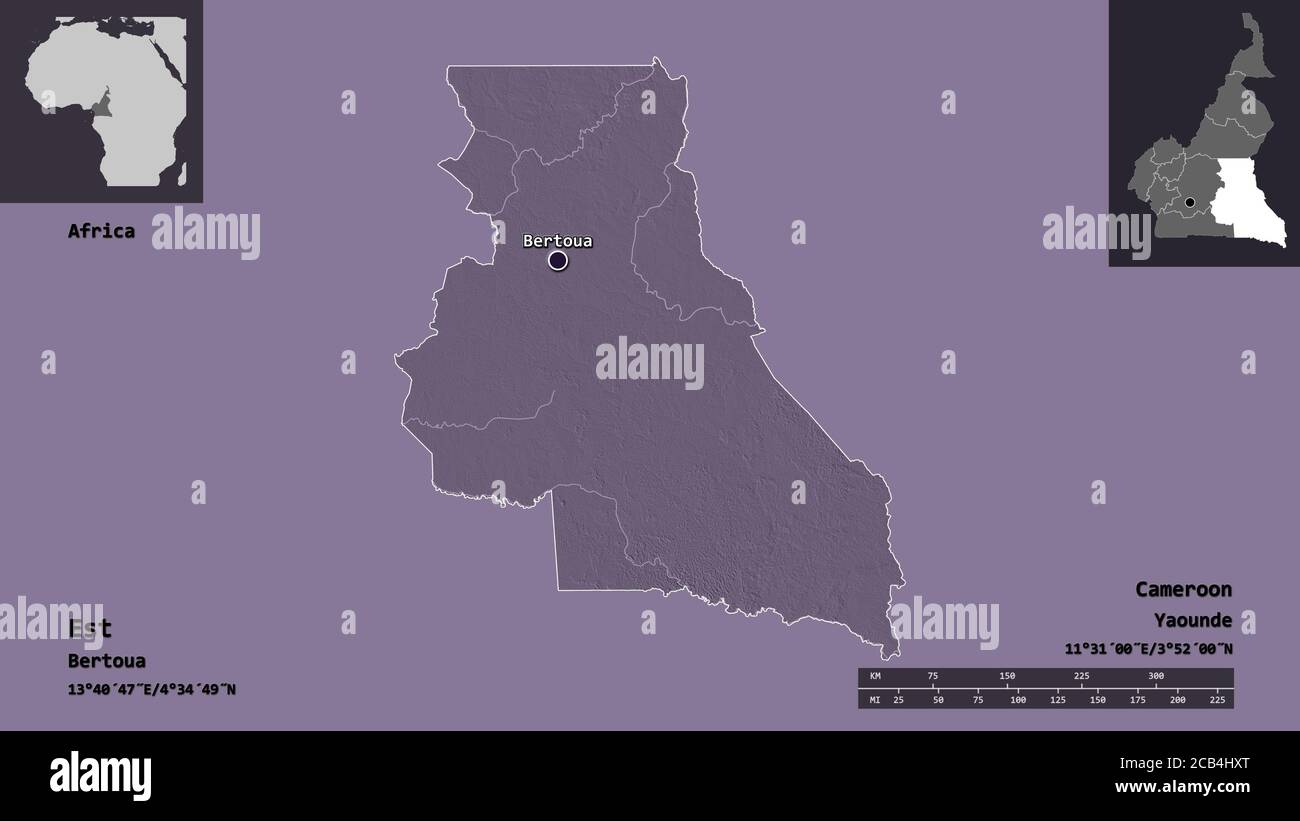 Shape of Est, region of Cameroon, and its capital. Distance scale ...