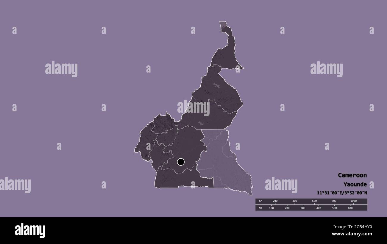 Desaturated shape of Cameroon with its capital, main regional division ...