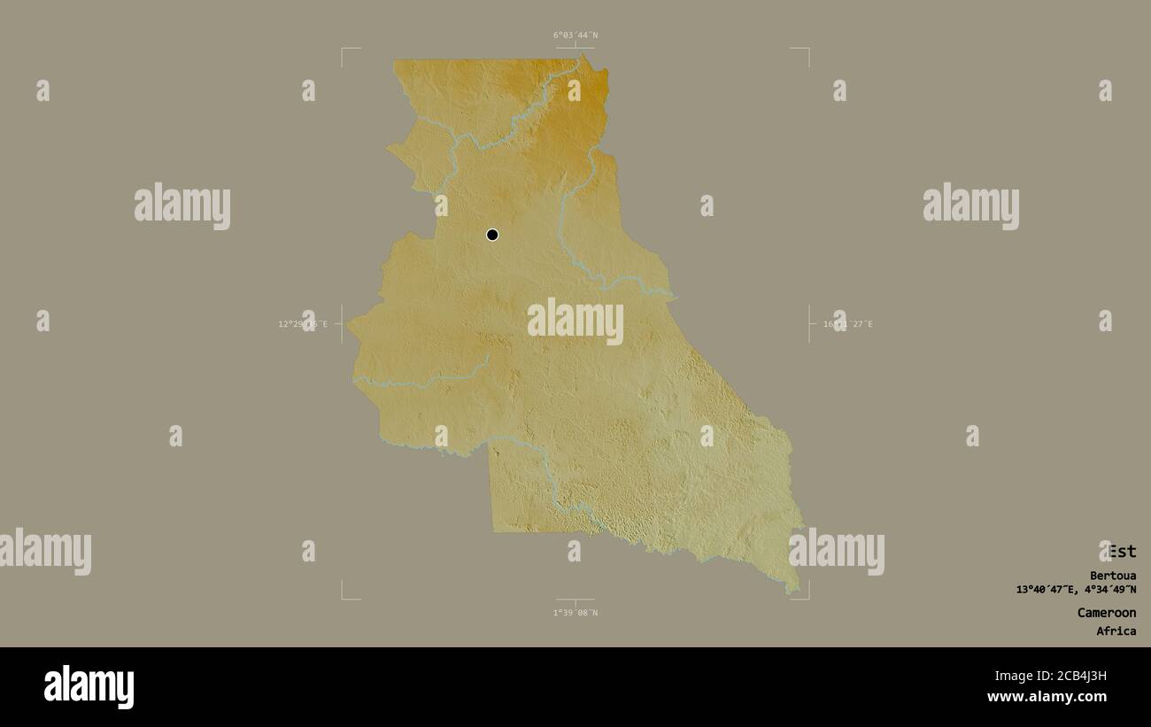 Area of Est, region of Cameroon, isolated on a solid background in a ...