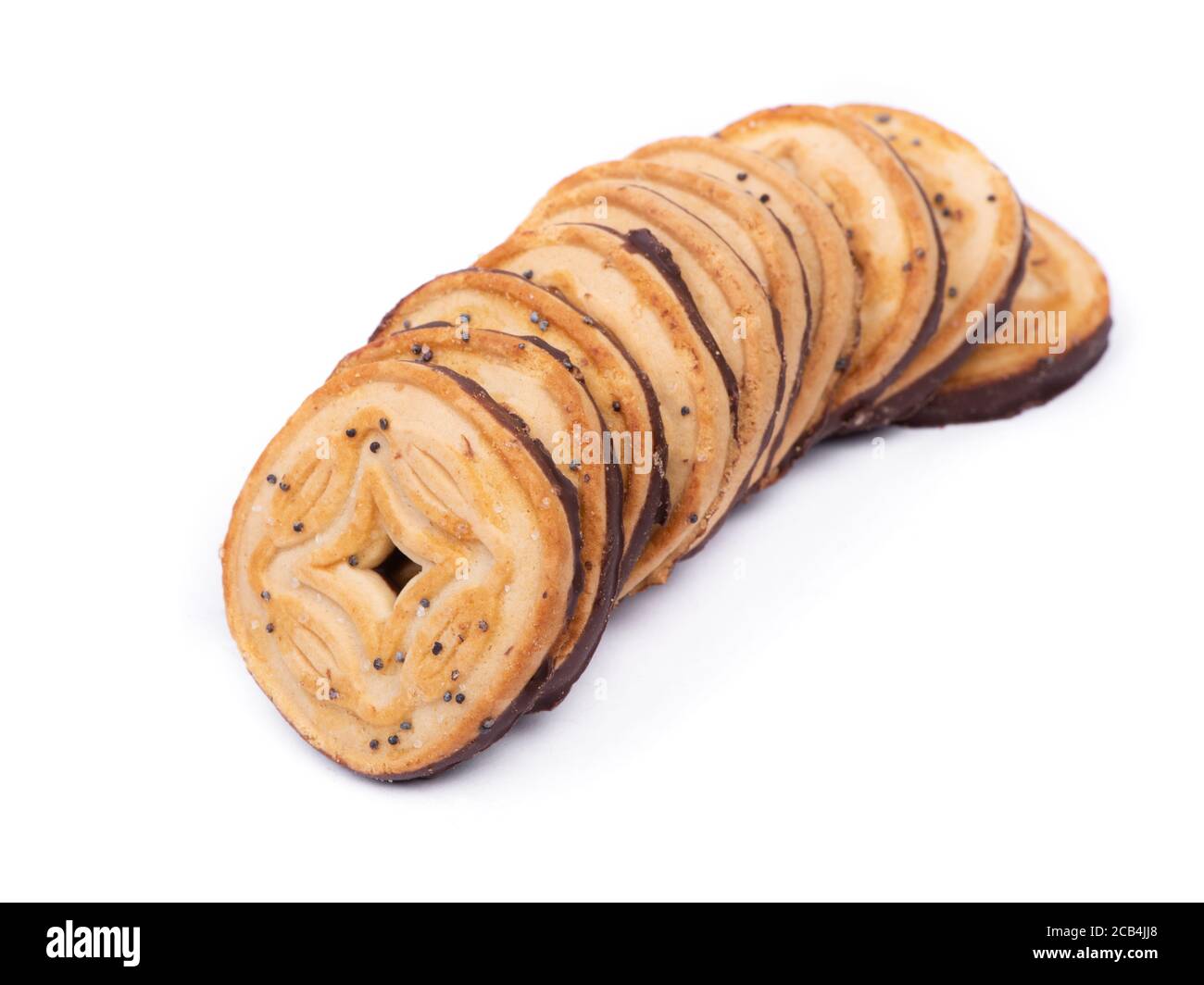 Group of round cookies with hole, chocolate bottom, seeds of poppy ...